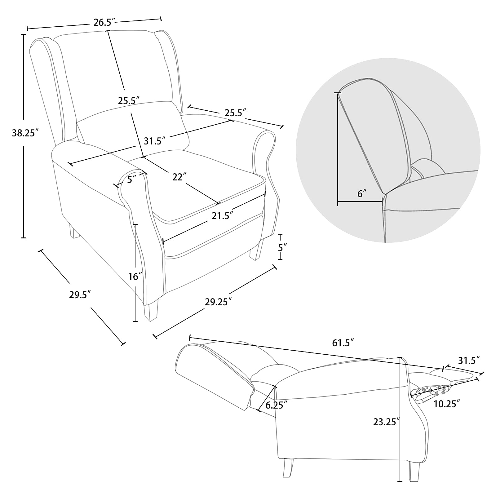 Qwork Pushback Recliner Chair, Linen Fabric - Light Gray
