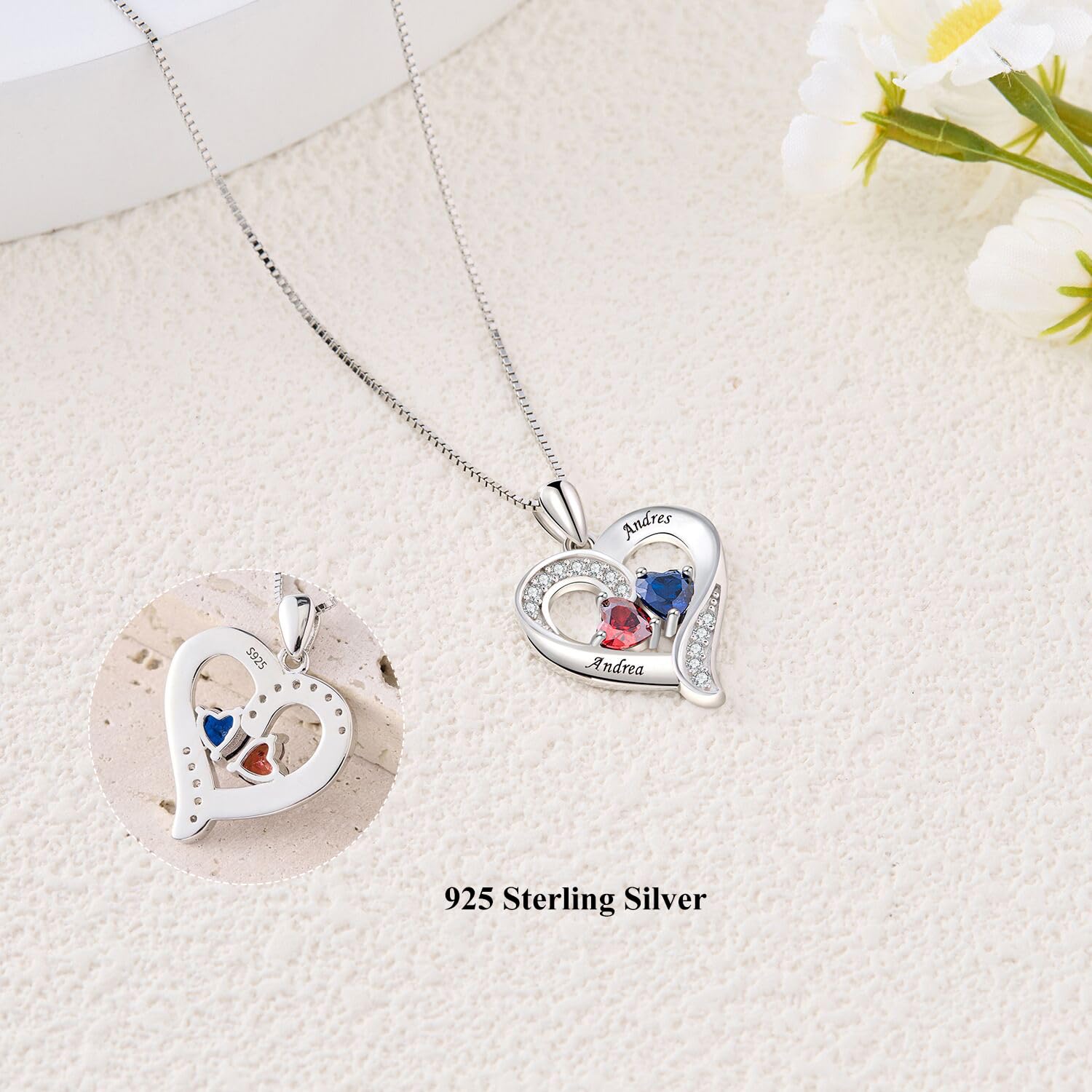 MissNity Sterling Silver Personalized 2 Heart Simulated Birthstone Engraved Names Necklace for Women Mother Pendant Jewelry (Silver - Box chain (CZ))