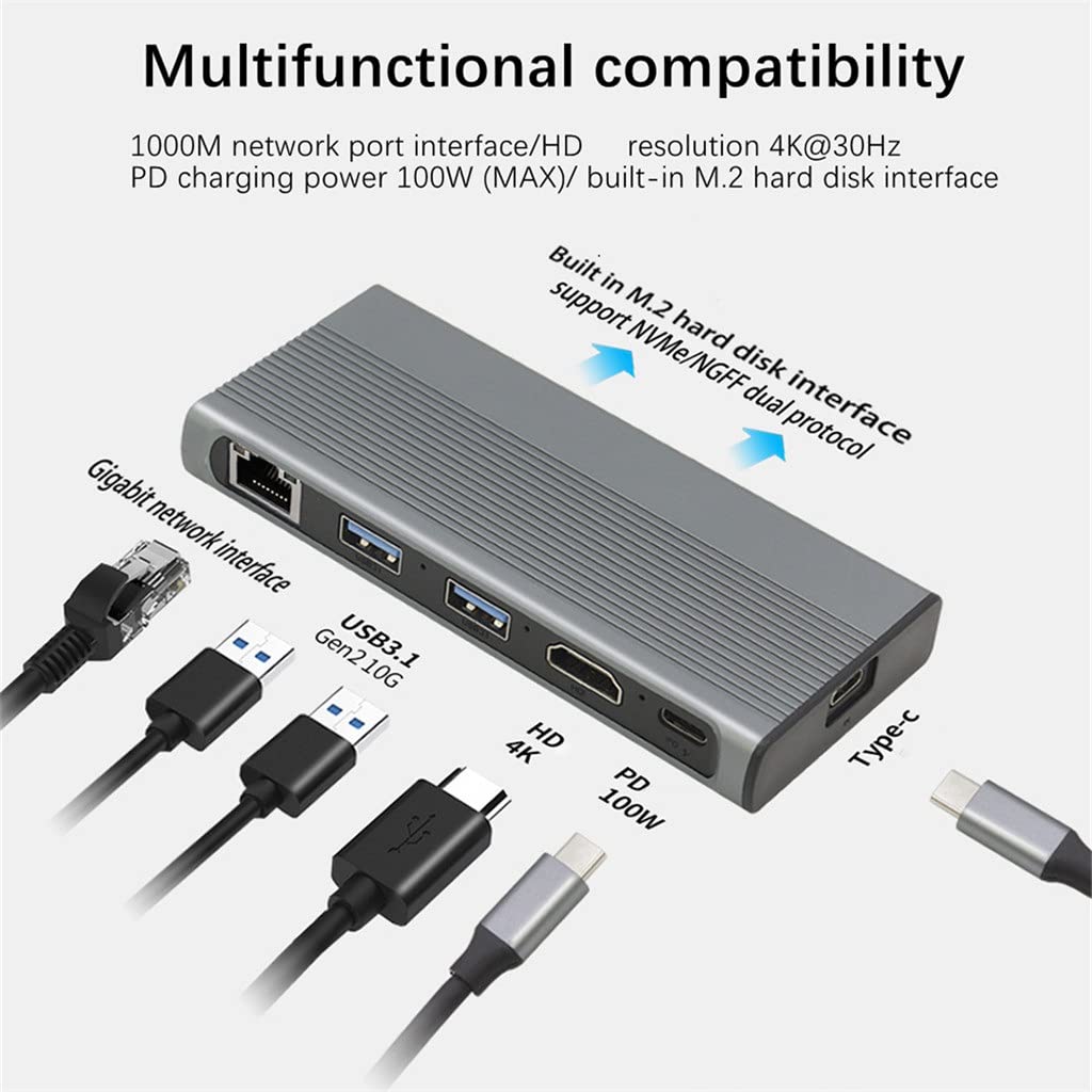 XXXDXDP 1000M LAN 10Gbps USB C HUB Type C 3.1 to M.2 NVME NGFF 4K 30Hz USB Expander Computer Accessories for