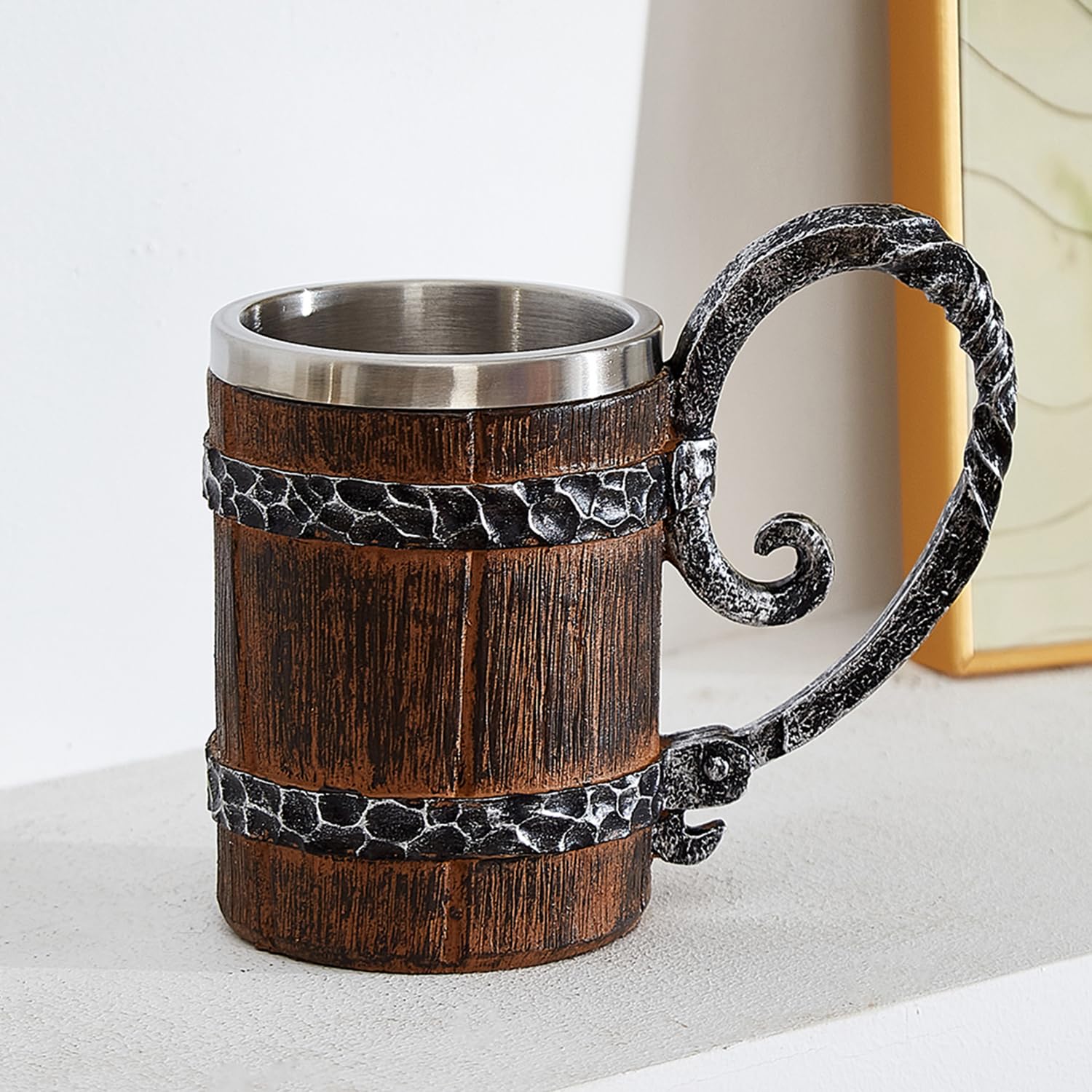 OTARTU Vintage Faux Oak Wood Barrel Beer Mug, Medieval Retro Viking Stainless Steel Coffee Cup Stein Tankard,17oz/500ML Cup Mug,Unique Gift