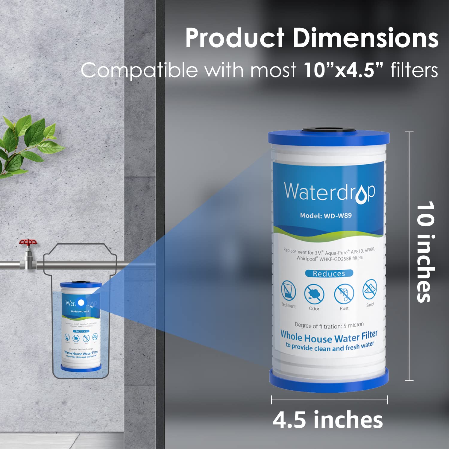 Waterdrop AP810 Whole House Water Filter, Replacement for 3M Aqua-Pure AP810, AP801, AP811, Whirlpool WHKF-GD25BB