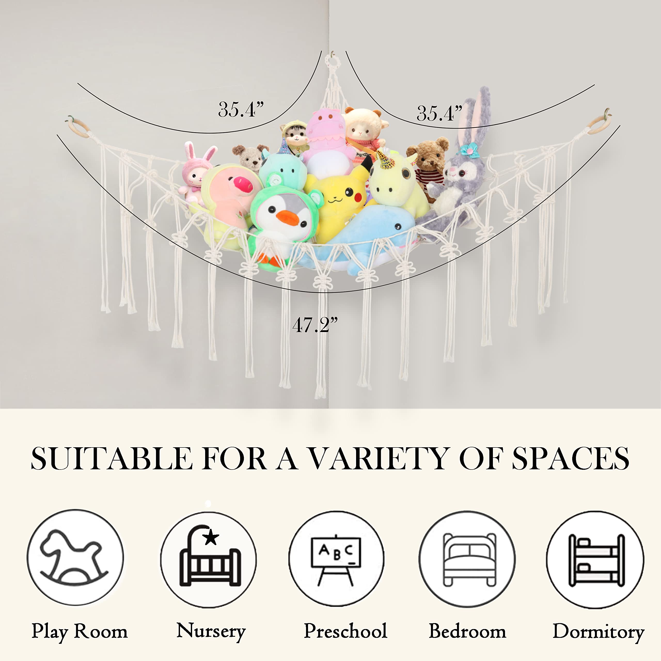 Zeesa Stuffed Animal Toy Hammock, Hanging Net Hammock for Plush Toys Storage, Corner Toy Net Holder, Boho Decor Hammock Organizer with Delicate Tassel Pendant, Beige