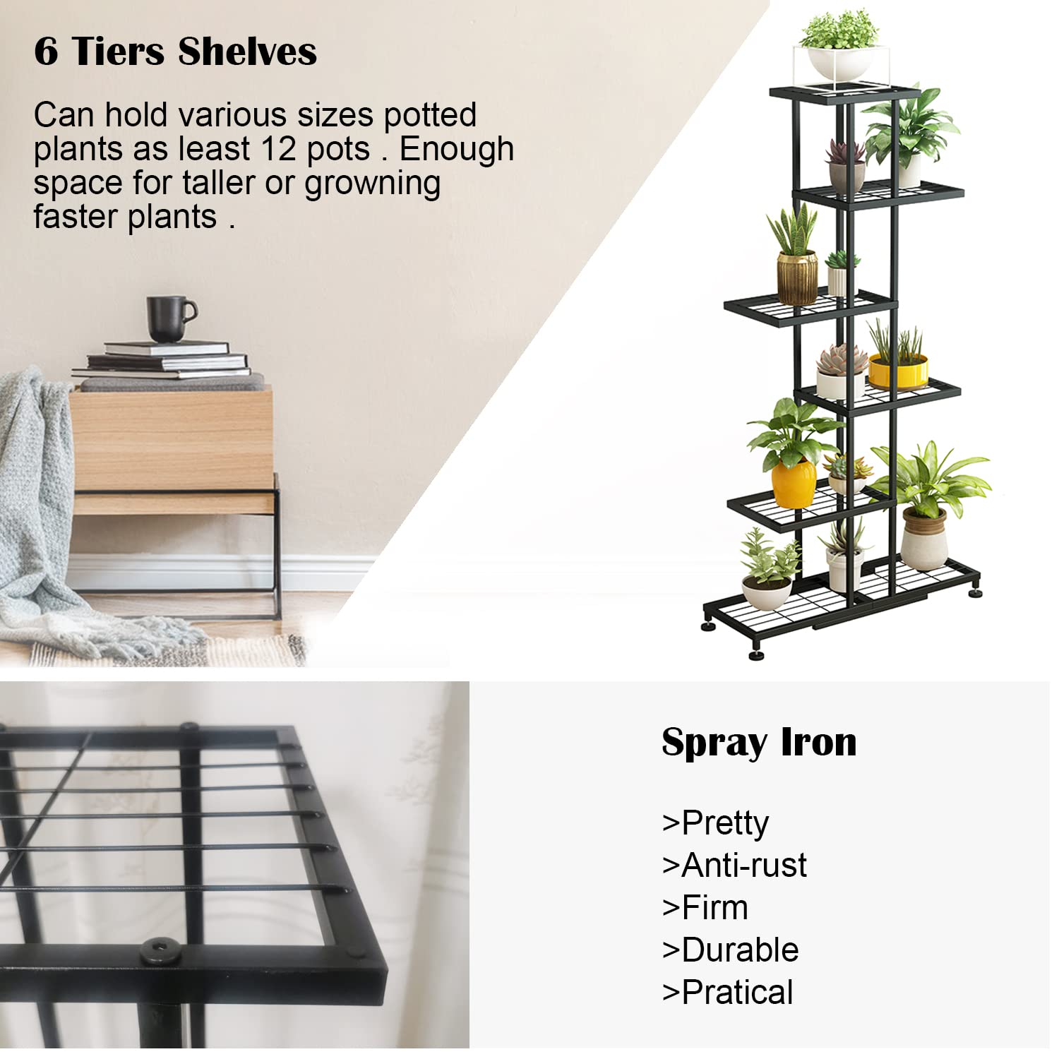 Metal Plant Stand, 6 Tier 12 Potted, Upgrade Multiple Plant Rack Shelf Organizer, Indoor Planter Display Shelving Unit for Patio Garden Corner Balcony Living Room