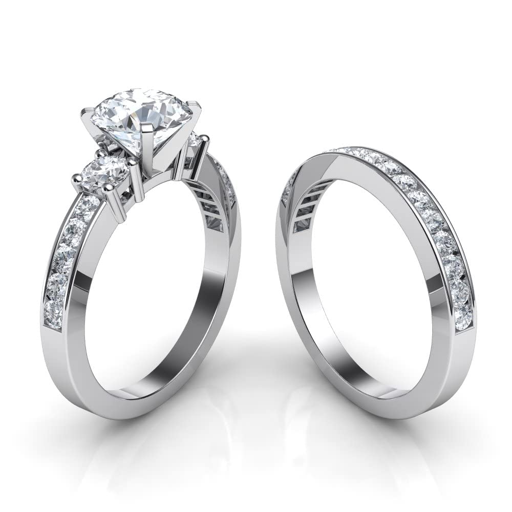 PREVELI 1ct Simulated Diamond Moissanite ENGAGEMENT RING & WEDDING BAND BRIDAL SET in Platinum Plated Silver | Size 5.5 US