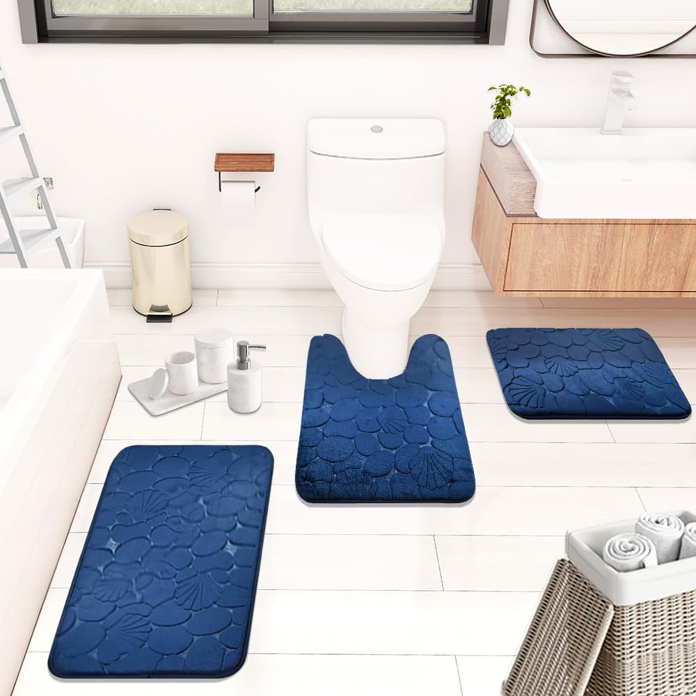 Navy Blue Memory Foam Bathroom Rugs Sets 3 Piece with Rubber Backed Non Slip Washable Bath Mat Set Include Toilet Rugs U Shaped and 2 Bathroom Floor Mat