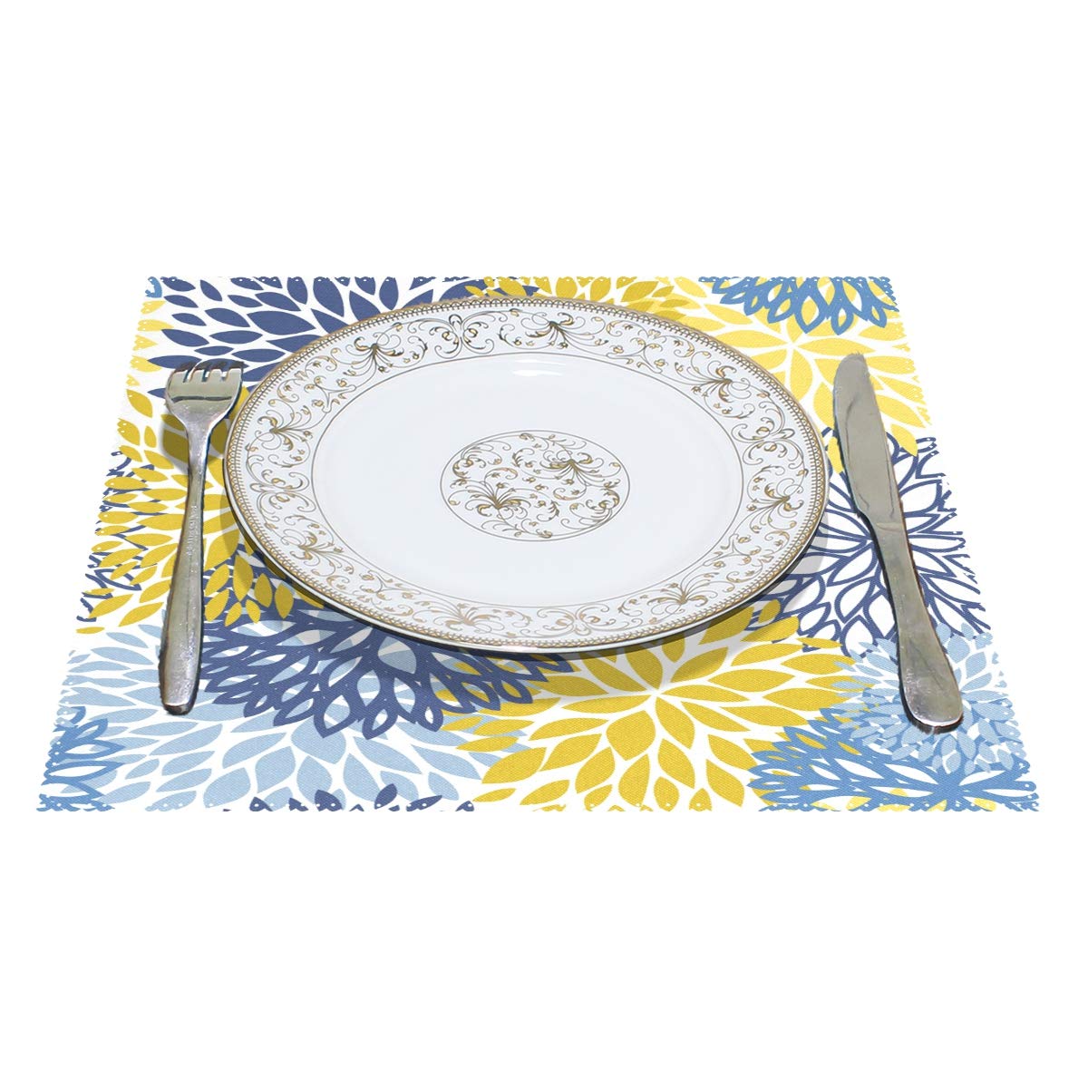 My Daily Dahlia Floral Square Placemats Set of 4, Blue Yellow Flowers Heat Resistant Washable Table Place Mats for Dining Kitchen