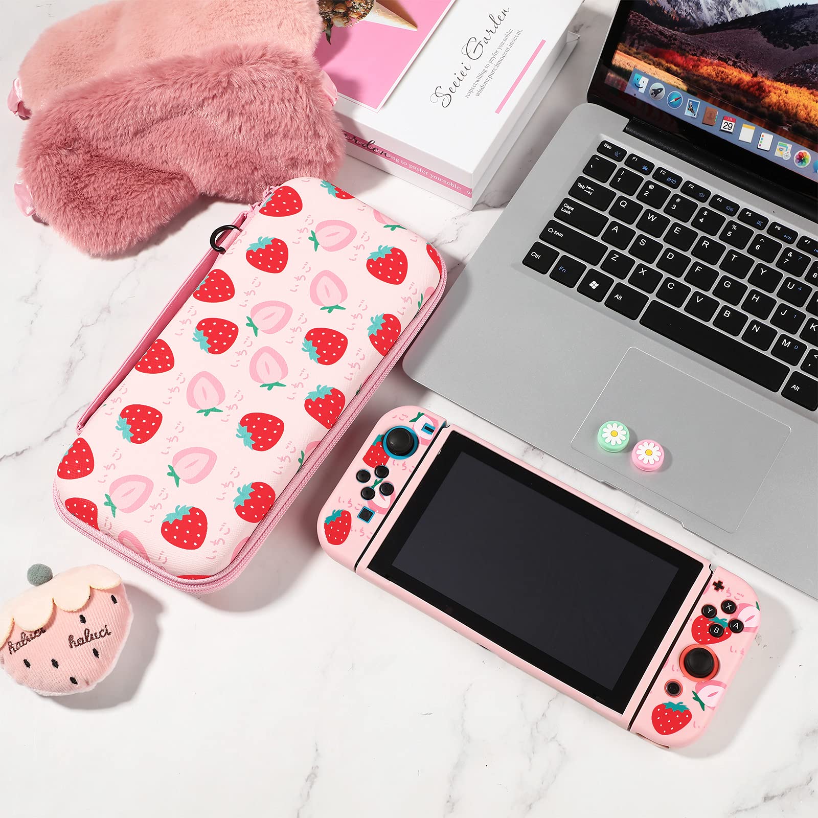 Pink Strawberry Pattern Protective Case and Carrying Case Compatible with Nintendo Switch, Soft Slim Case Cover for Console and Controllers, Hard Shell Travel Carrying Bag with 12 Game Card Slots
