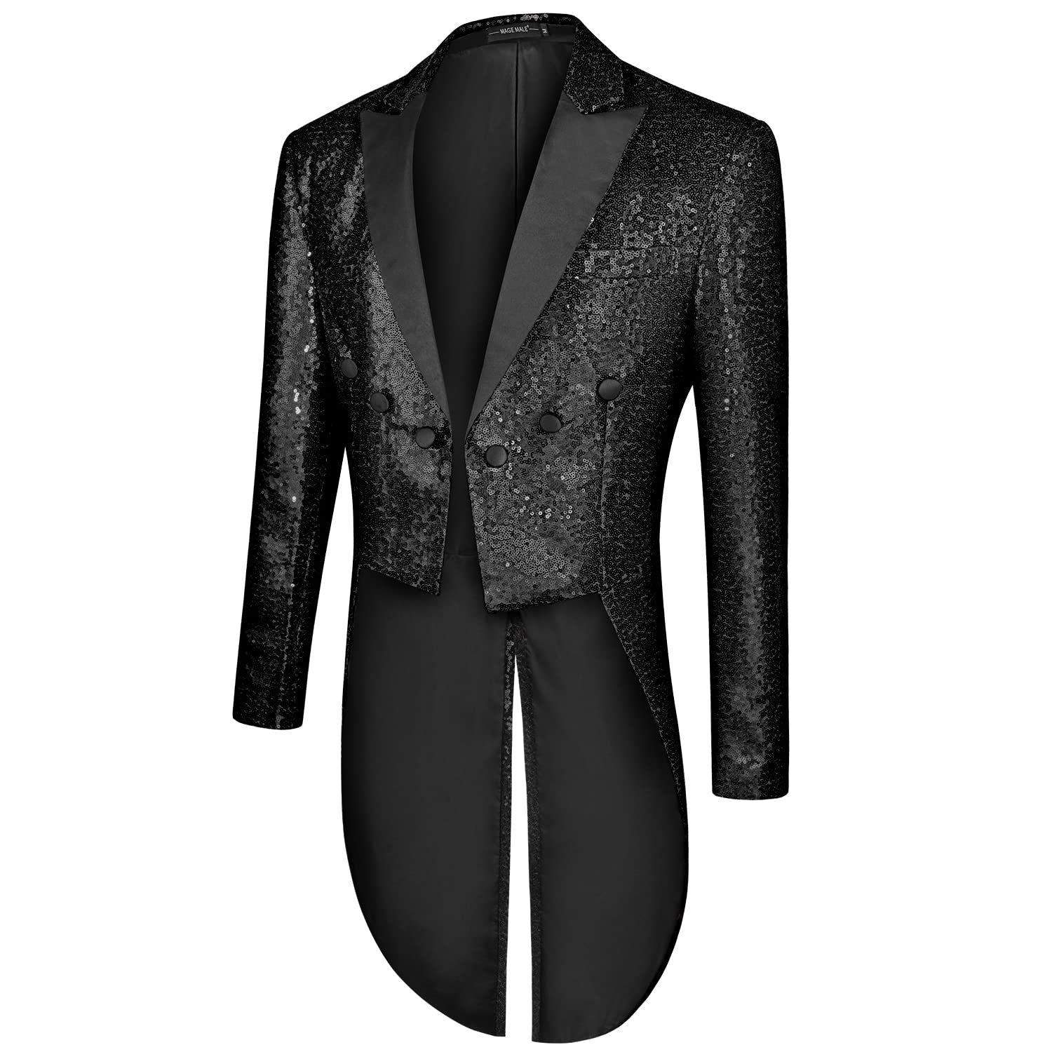 MAGE MALE Mens Sequin Tuxedo Jacket Tails Slim Fit Tailcoat Dress Coat Swallowtail Dinner Party Wedding Blazer Suit Jacket Black