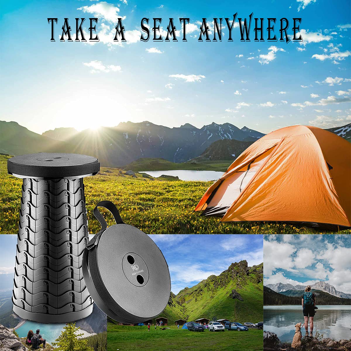 R&D FUTURE 2023 Upgraded Telescopic Stool, Lightweight Seat with 400lbs Load Capacity, Collapsible Stool for Indoor, Outdoor, Retractable Folding Stool, Portable Telescoping Stool for Adults (Black)