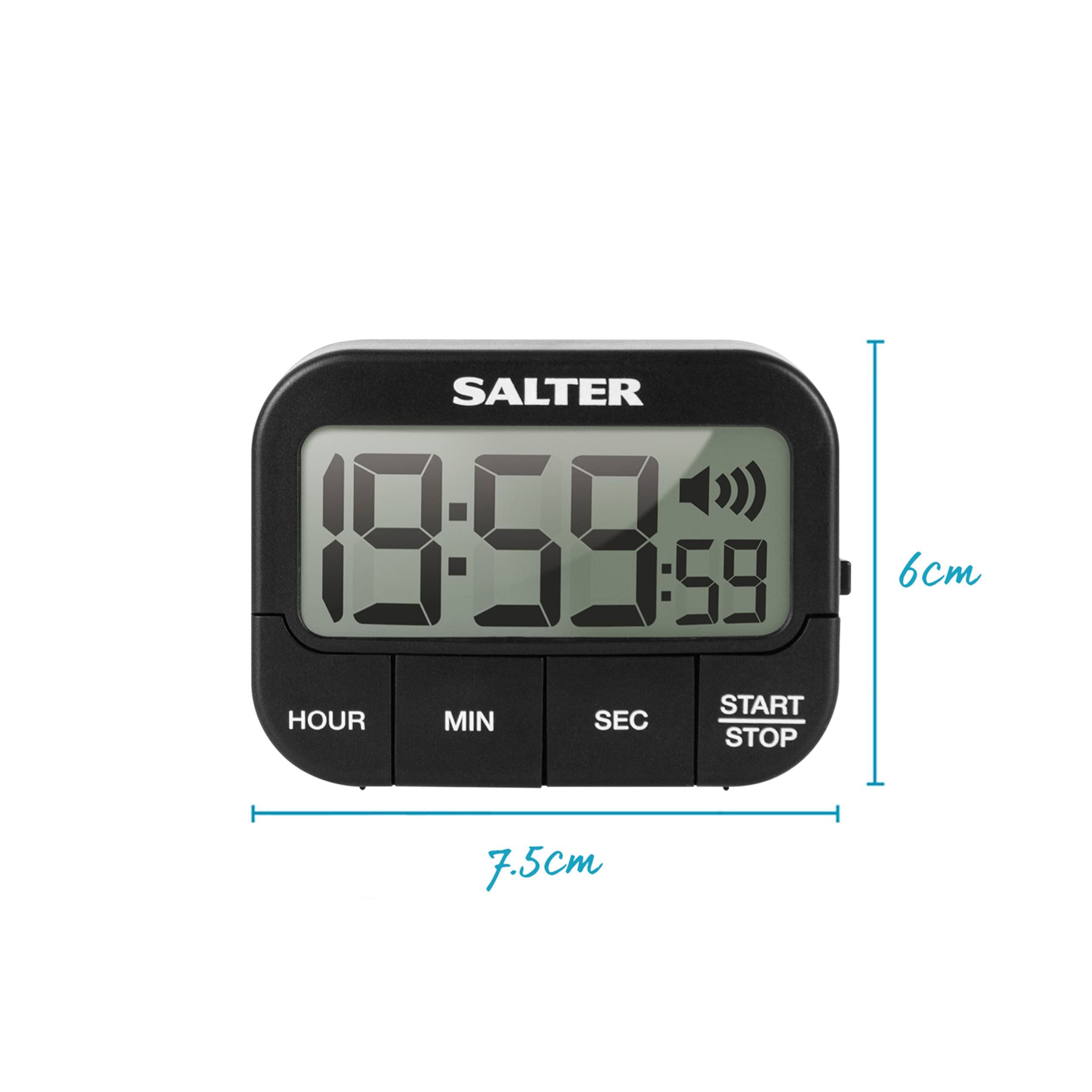 Salter Kitchen Digital Display Count up or Countdown Timer, Adjustable Loud Beeper, Large Start/Stop Button, Memory Function, Magnetic or Self Standing-Black, Plastic