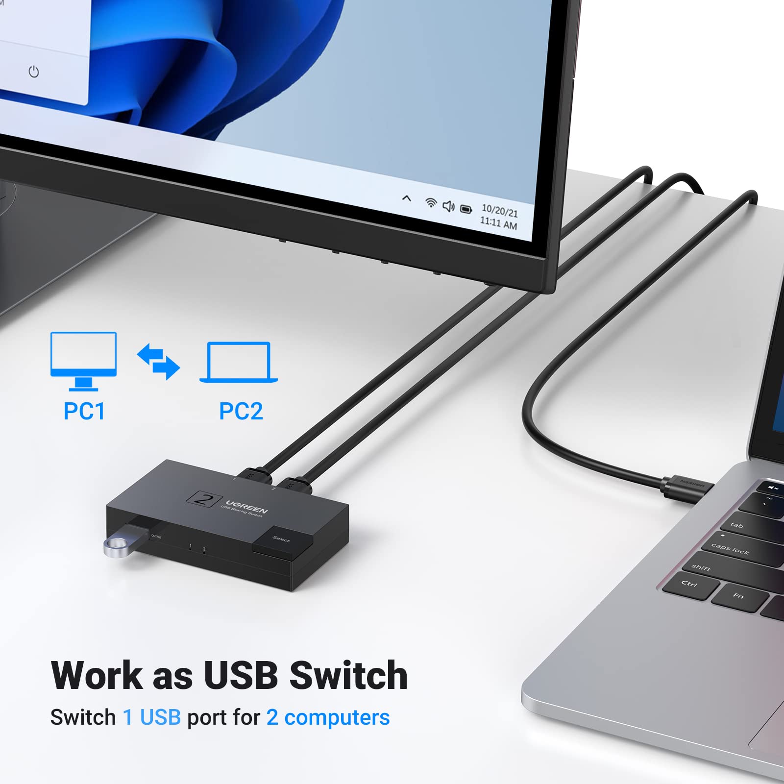 UGREEN USB 3.0 Selector, Bi-Directional USB Switch 2 in 1 Out/1 in 2 Out, USB Switcher 2 Computers Share Keyboard Mouse Printer Scanner with 2 USB 3.0 Cables