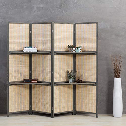 MyGift 4-Panel Deluxe Woven Bamboo Dark Gray Room Divider with Removable Storage Shelves, Living Room Bedroom Portable Partition Screen