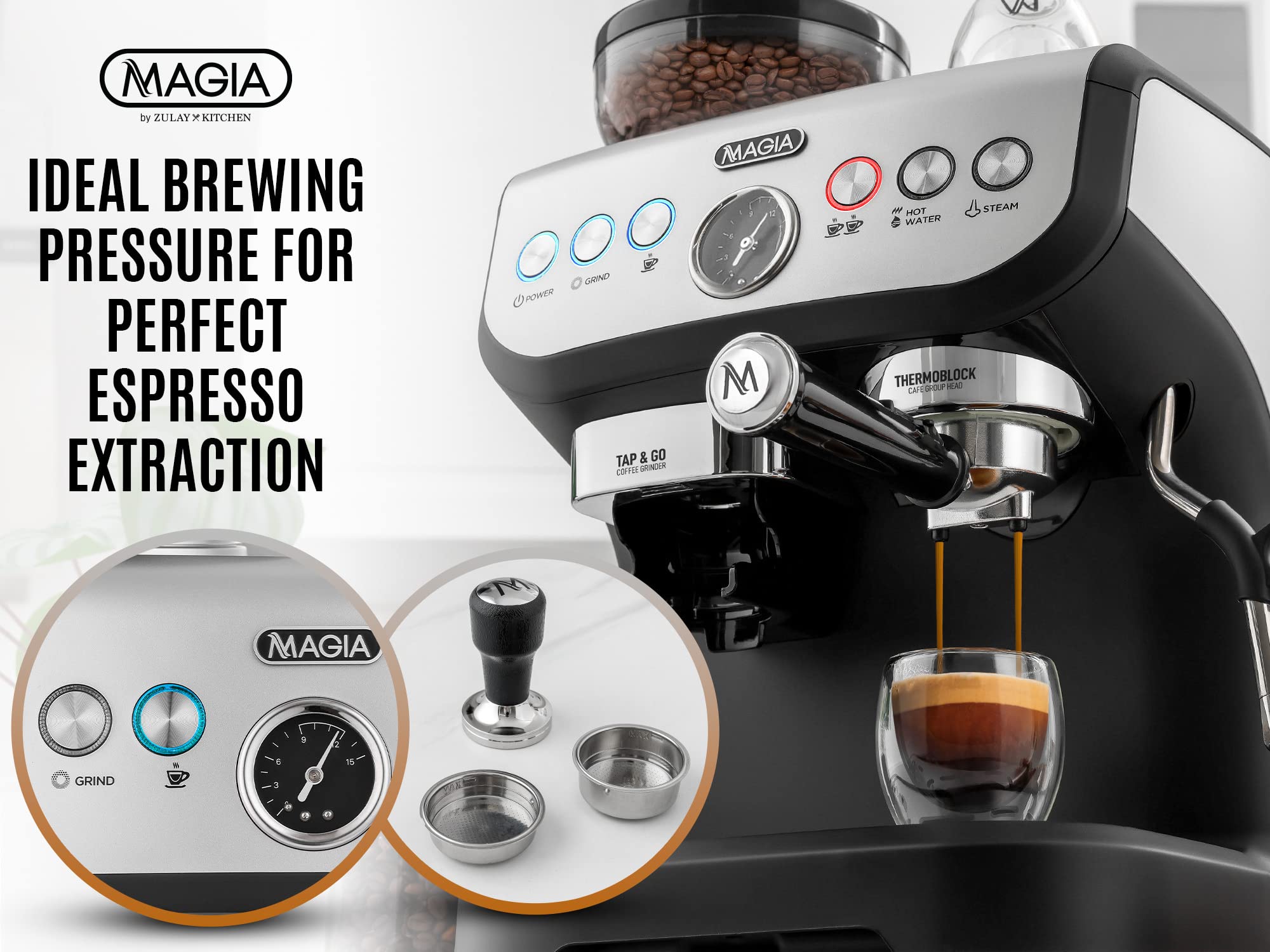 Magia Manual Espresso Machine with Grinder and Milk Frother - 15 Bar Pressure Pump Cappuccino Machine and 1 Gallon Cold Brew Coffee Maker with EXTRA-THICK Glass Carafe & Stainless Steel Mesh Filter