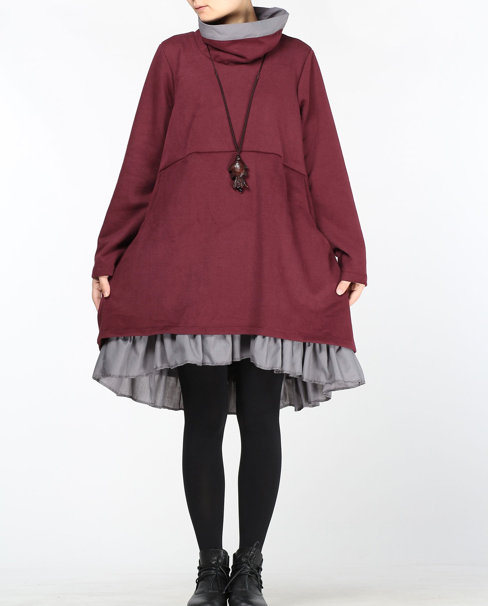 Mordenmiss Women's Flared Layers Dress Hi-Low Ruffle Hem Tunic Top M Burgundy