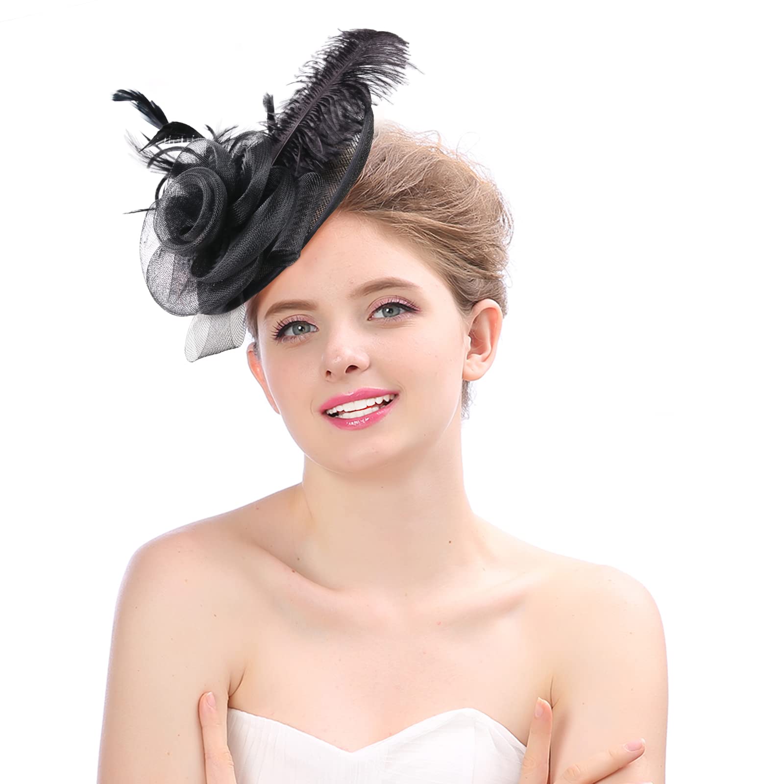 ROZKITCH Feather Fascinators Womens Pillbox Flower Party Hat White