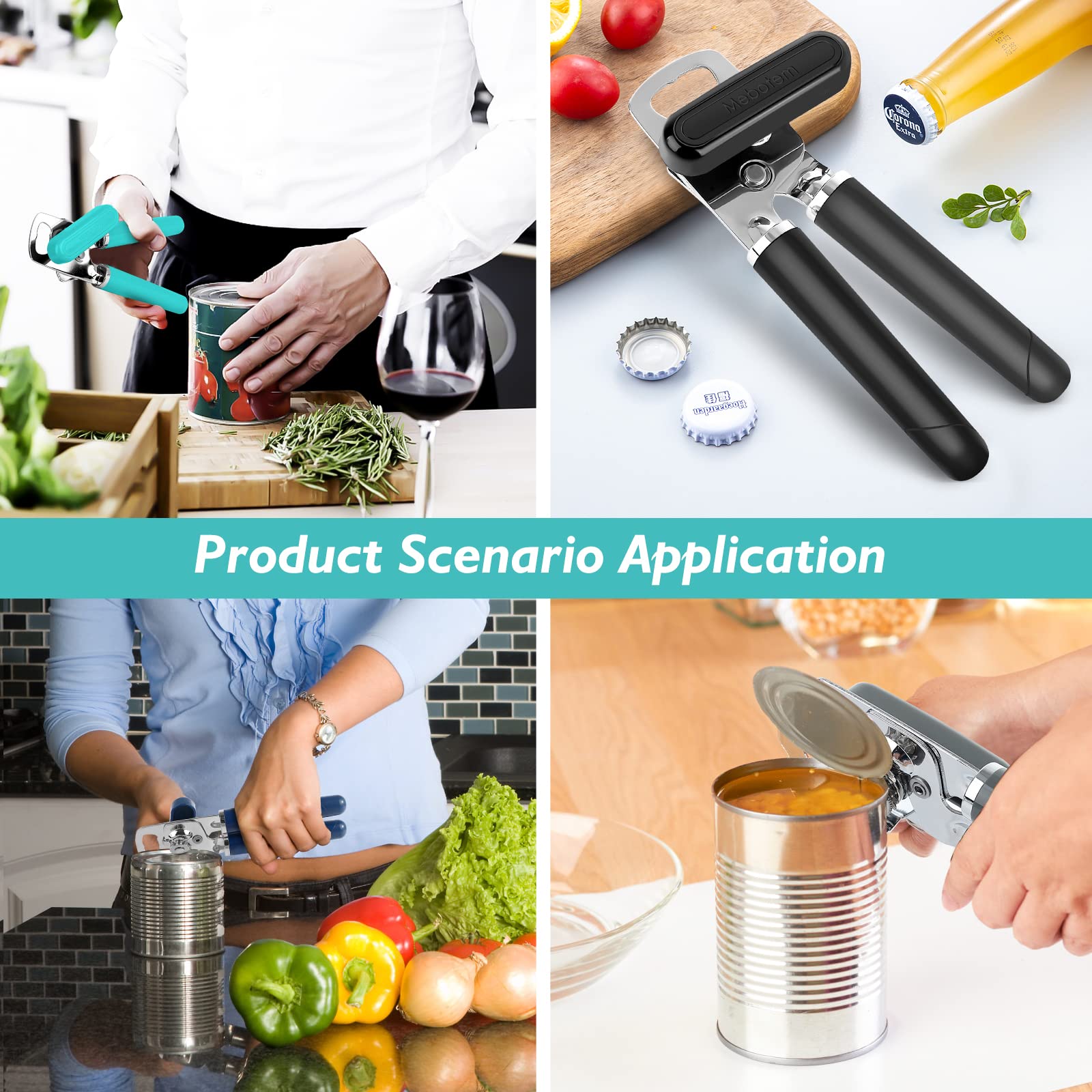 Mebotem 10 Colors Can Opener Manual Handheld Heavy Duty Hand Can Opener Smooth Edge Stainless Steel Can Openers Top Lid Kitchen Gadgets, Best Large Rated Easy Turn Knob, with Bottle Opener, Aqua Sky