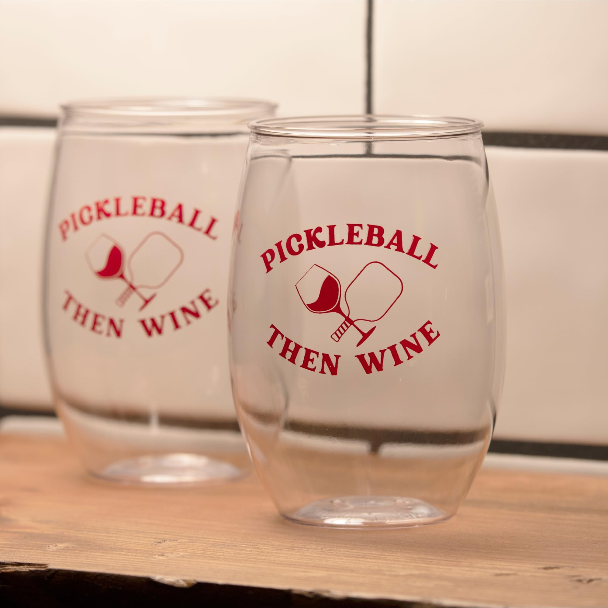 Needzo Pickleball then Wine Unbreakable Plastic Stemless Glasses, Reusable and Shatterproof, 16 Ounces Each (Pack 2)