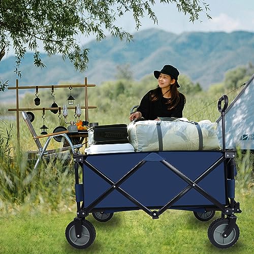 Lifeand Utility Collapsible Folding Wagon Cart Heavy Duty Foldable, Beach Wagon,Dark Blue