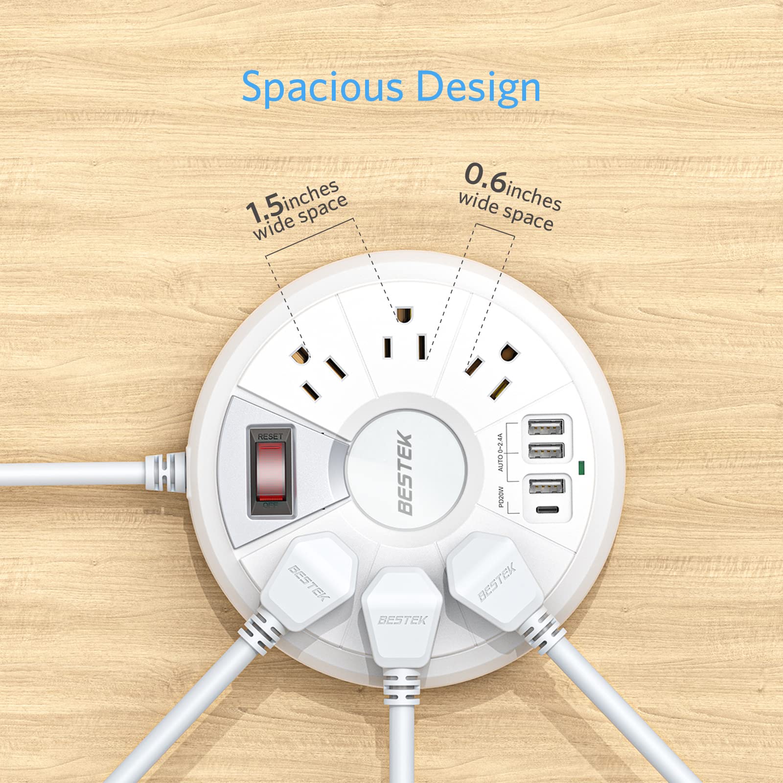 USB C Power Strip, BESTEK 6Ft Extension Cord with 6-Outlet 4 USB Ports(1 PD 20W USB C, 3 USB A), Surge Protector Power Strip with Overload Protection for Dorm, Home, Office, 220J