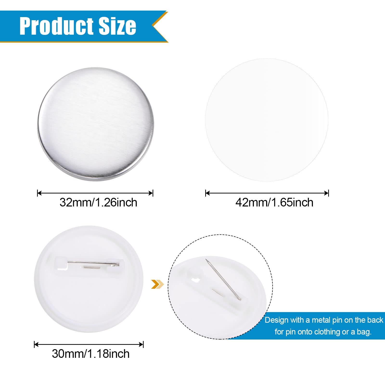 MECCANIXITY Blank Pin Back Button Parts, 32mm 1.26 Inch, 200 Set Sewing Buttons Round Metal Cover Plastic Button Back Clear Film for Button Maker Machine