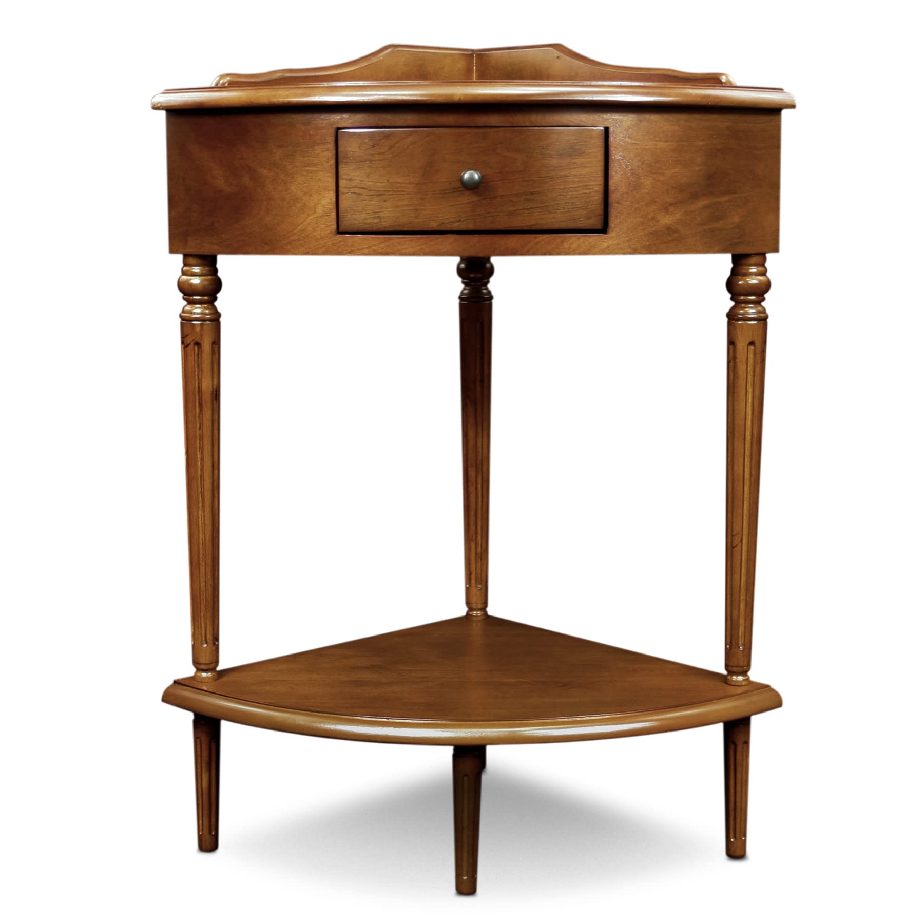 Leick Home 9016 One Corner Accent Table with Drawer and Lower Display Shelf, Pecan