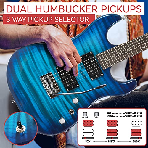 Pyle Electric Guitar Kit with Amp, Full Size Instrument with Humbucker Pickups, Guitarra Electrica Amplifier and Beginner Bundle Accessories, 39" Legacy Blue