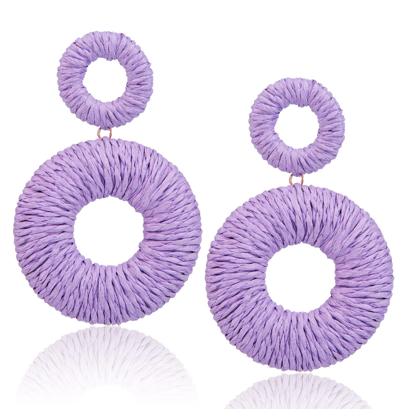 Statement Raffia Round Drop Earrings - Boho Raffia Earrings Multi Color - Beach Vacation Jewelry for Women (White)