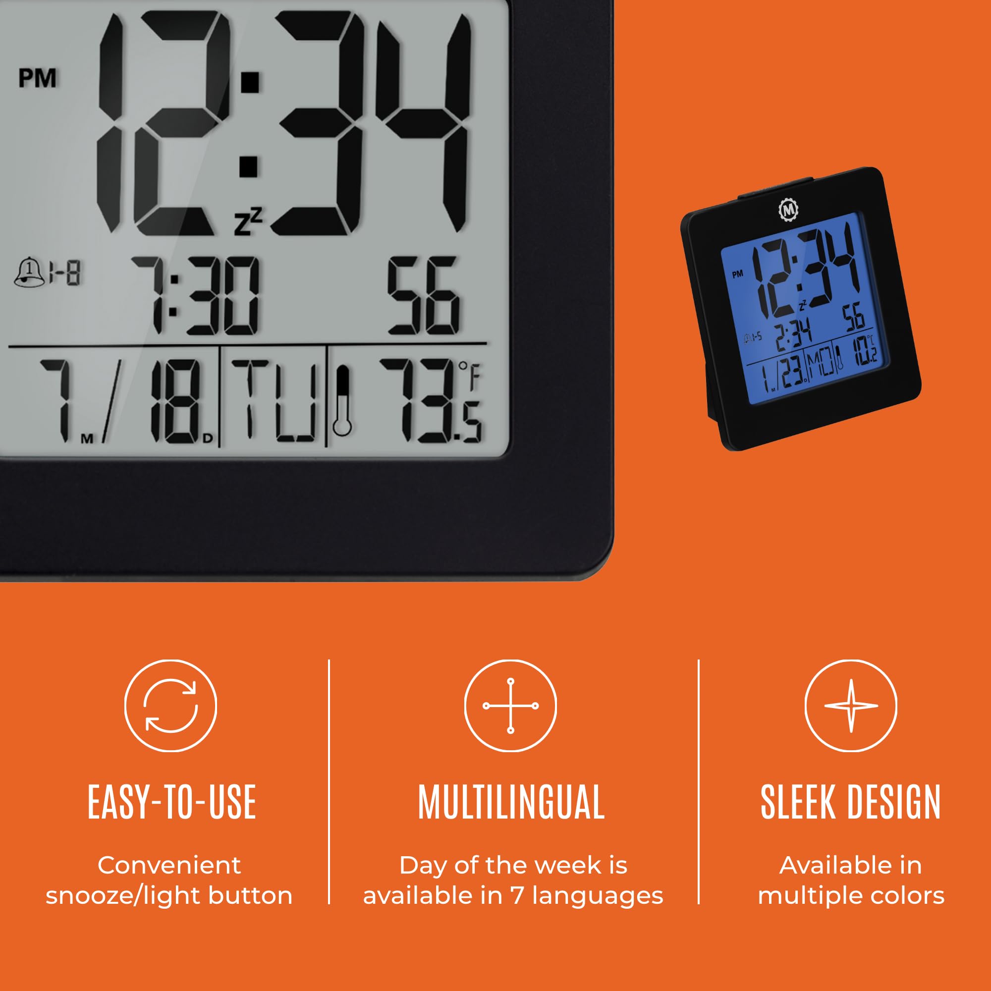MARATHON Digital Desktop Clock, Black - Easy-to-Read 3.5” Display with Temperature & Date - includes Alarm with Snooze & Backlight