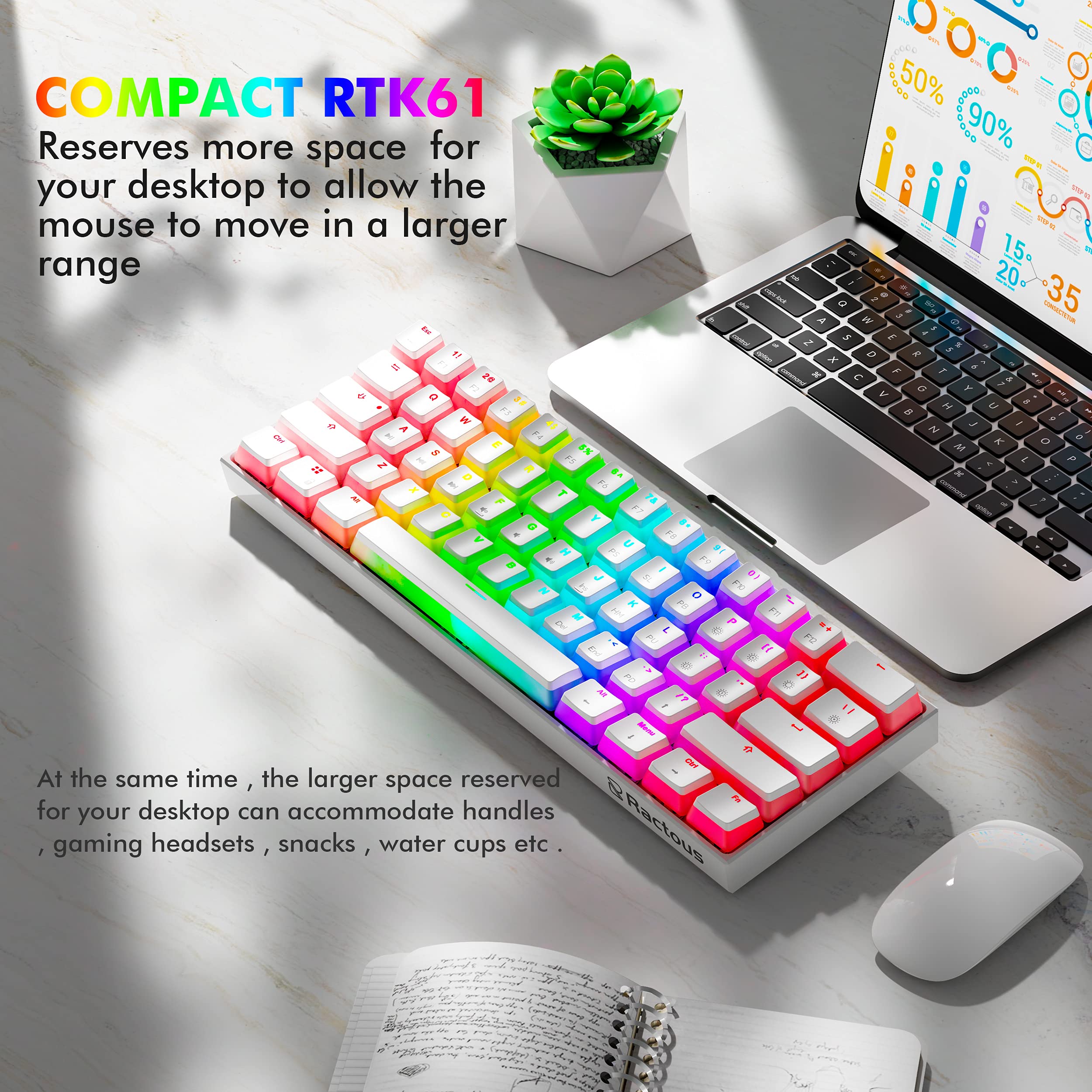 Ractous RTK61 60% Mechanical Gaming Keyboard RGB Backlit PBT Pudding keycaps 61key Ultra-Compact Wired Keyboard Programmable for PC/Mac Gamers,Hot-Swappable Gateron Optical Brown Switch (White)