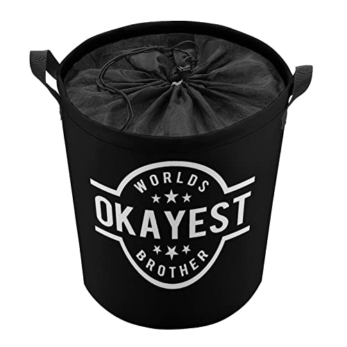 Worlds Okayest Brother Laundry Basket Round Collapsible Storage Bin with Drawstring and Handle for Bedroom Bathroom Toys Room 17.3" X 13.8"