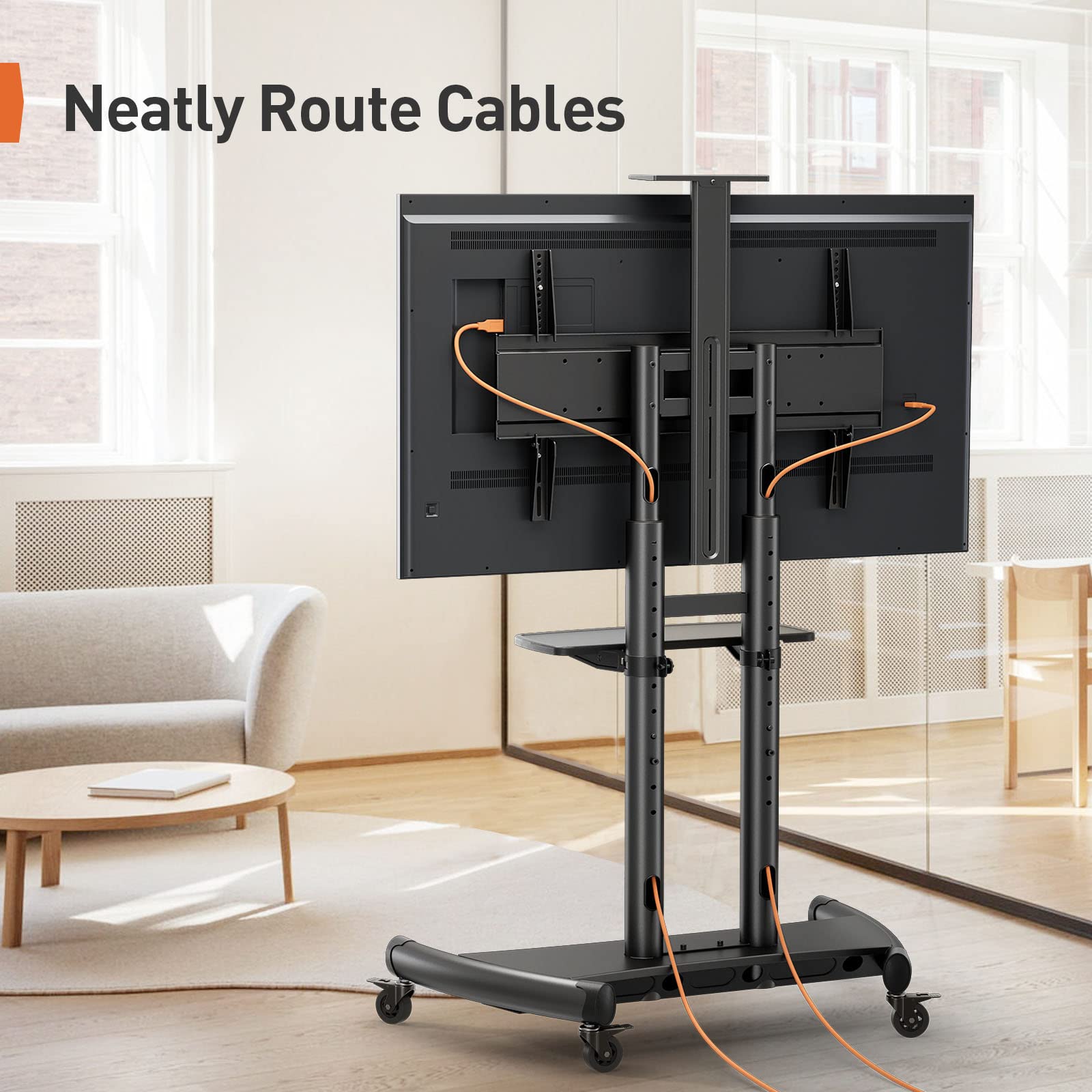 Perlegear Mobile TV Stand, Rolling TV Cart for 55-90 inch Flat/Curved TVs up to 200 lbs, Adjustable Rolling TV Stand with Camera Shelf, Floor TV Stand on Wheels, Max VESA 800x500mm, PGTVMC07