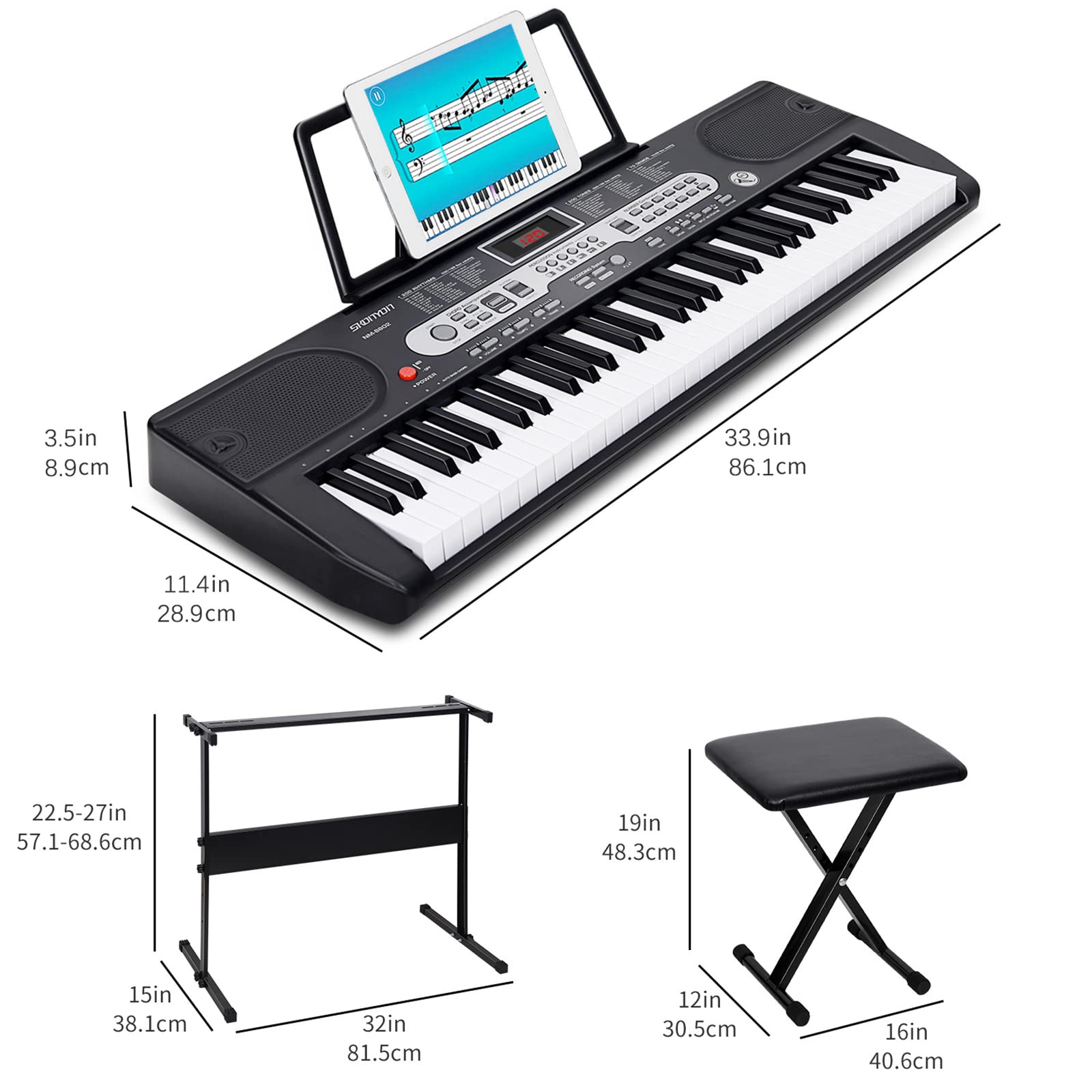 SKONYON 61 Key Keyboard Piano with Light Up Keys Electric Piano Keyboard for Beginners with Speakers Musical Keyboard Stand, Bench, Headphones, and Microphone