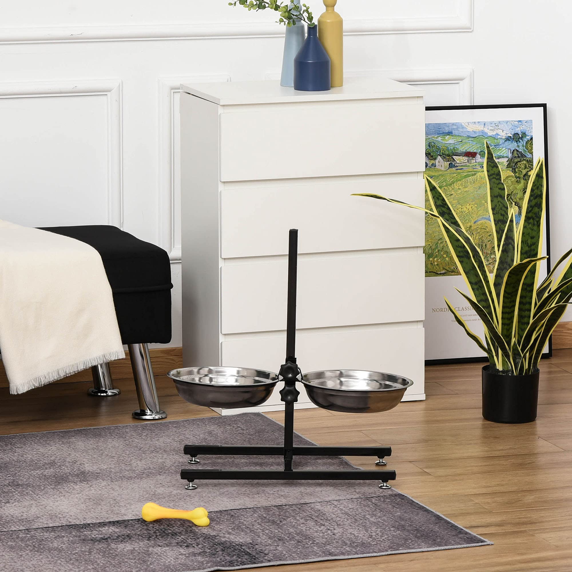 PawHut Adjustable Elevated Dog Bowls, Stainless Steel Dog Double Bowls with H-Base Raised Bowl Stand for Dogs Cats, 22.5"H