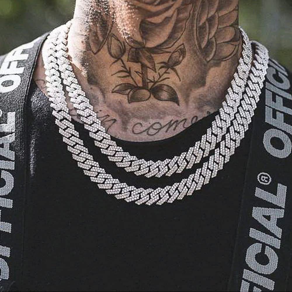 MOFEIJEWEL 13mm Cuban Link Chain For Men Women Iced Out Chain Miami Cuban Necklace Bling Diamond Chains Hip Hop Jewelry (Silver 20inch)