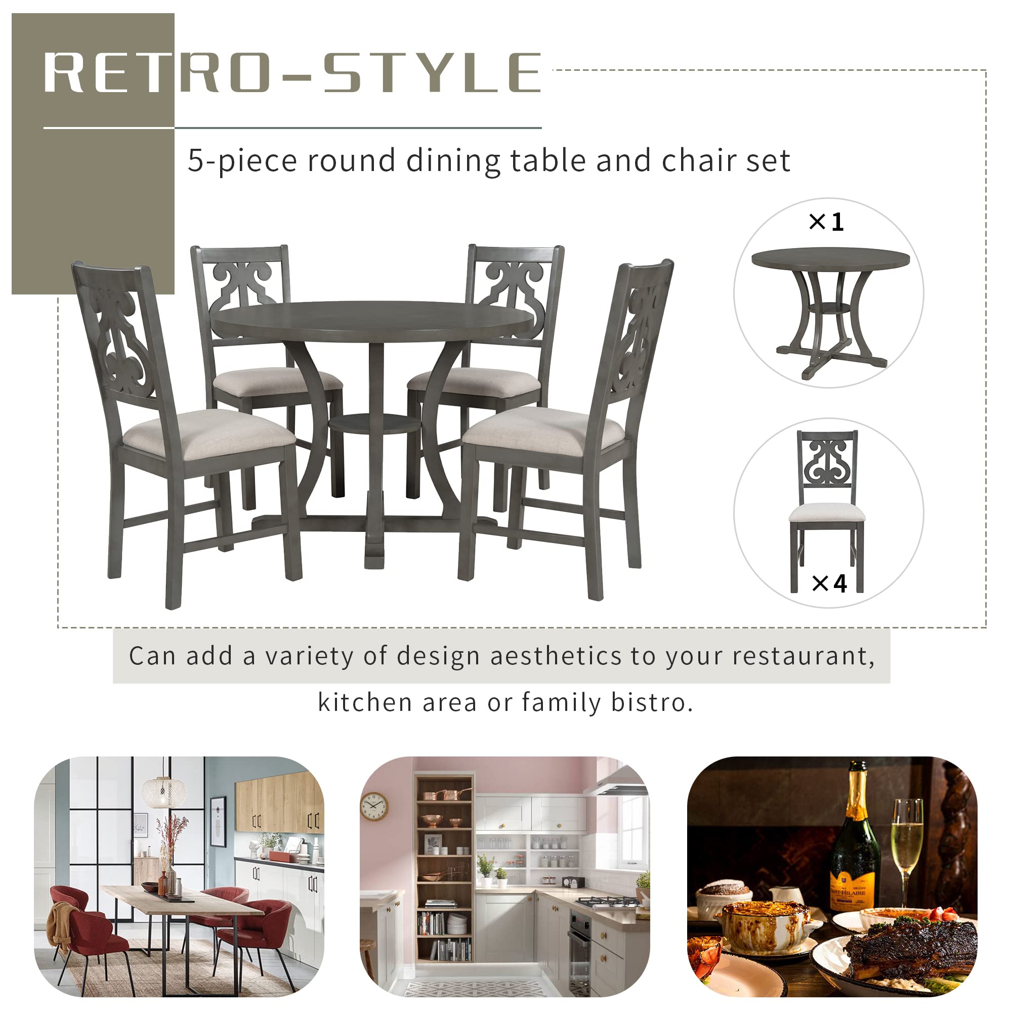 LCH 5 Piece Round Table Set 4 with Special-shaped Legs and an Exquisitely Designed Hollow Chair Back in The Dining Room (Grey)