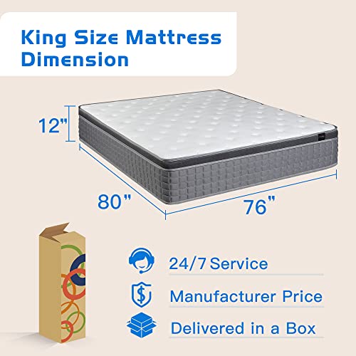 MICOOLS King Mattress,12 inch Hybrid Mattress in a Box Memory Foam Breathable Comfortable,Motion Isolation Individually Wrapped Coils,Euro Top Medium Firm King Size Mattressā¦