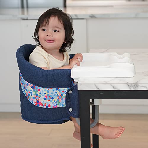 zeepops Hook On Table High Chair with Tray for Babies and Toddlers, Clip On Table Chair Portable, Fold-Flat Compact for Home, Dining Out and Travel (Denim Garden)