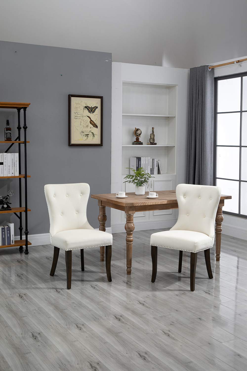 LCH Dining Set of 4, Upholstered Accent Button Tufted Armless Chair with Nailhead Trim and Back Ring Pull (Cream)