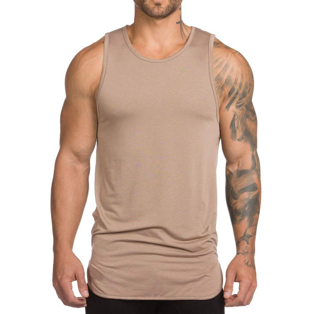 Magiftbox Mens Extended Scoop Workout Stringer Tank Tops Gym Shirts for Men Black/Khaki T05_Khaki_US-M