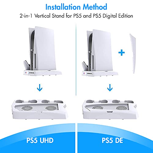 Playstation 5 Charging Station with Cooling Fan, Vertical Solid Stand Ps5 Console. Two Controllers Charger Station with Charging Indicator, Retractable Game Slot, White