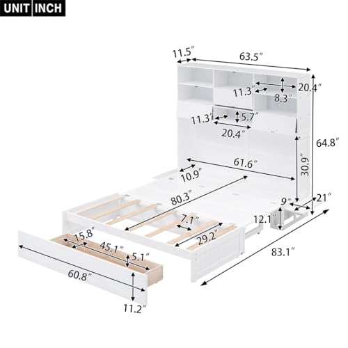 Lekaywe Murphy Bed Queen Size,with Bookcase, Bedside Shelves and a Big Drawer, for Bedroom,White