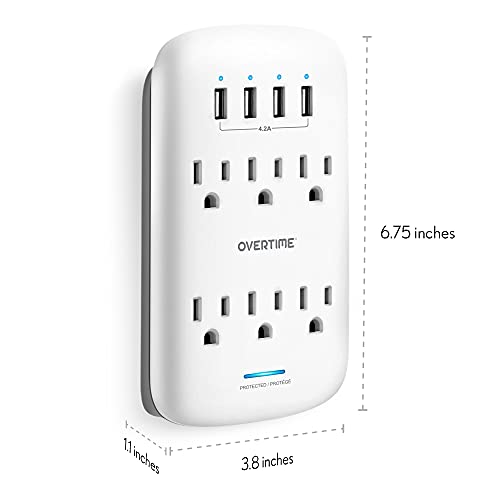 USB Wall Charger with Apple MFi Certified 4ft Lightning Cable, Surge Protector Outlet Socket Extender Shelf 6 Outlet 4 USB Ports Charging Station for iPhone, iPad, Home, School, Office, ETL Certified
