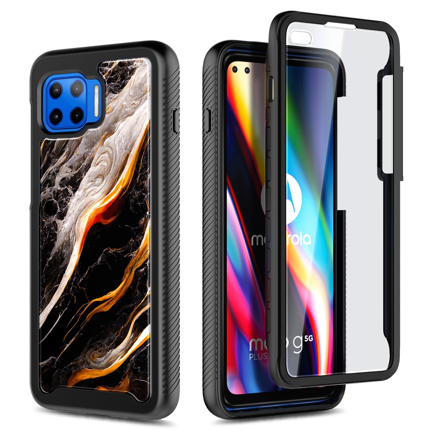 NZND Case for Motorola Moto One 5G / 5G UW/G 5G Plus with [Built-in Screen Protector], Full-Body Protection Bumper, Shockproof Protective, Impact Resist Case Cover (Black Marble)