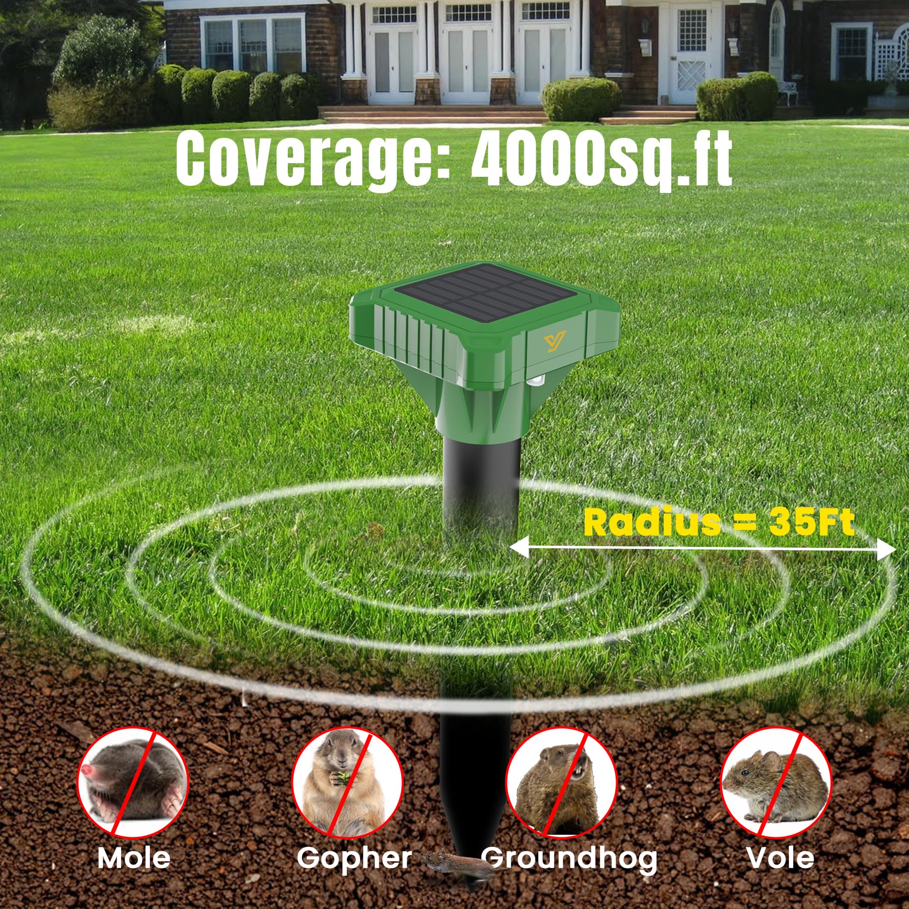 ULTRABOT Mole Repellent Solar-Powered Groundhog Repeller Snake Deterrent Vibration Stakes for Outdoor Use Repel Vole Gopher Armadillo in Yards and Lawns 8 Pack, Green, AR08S