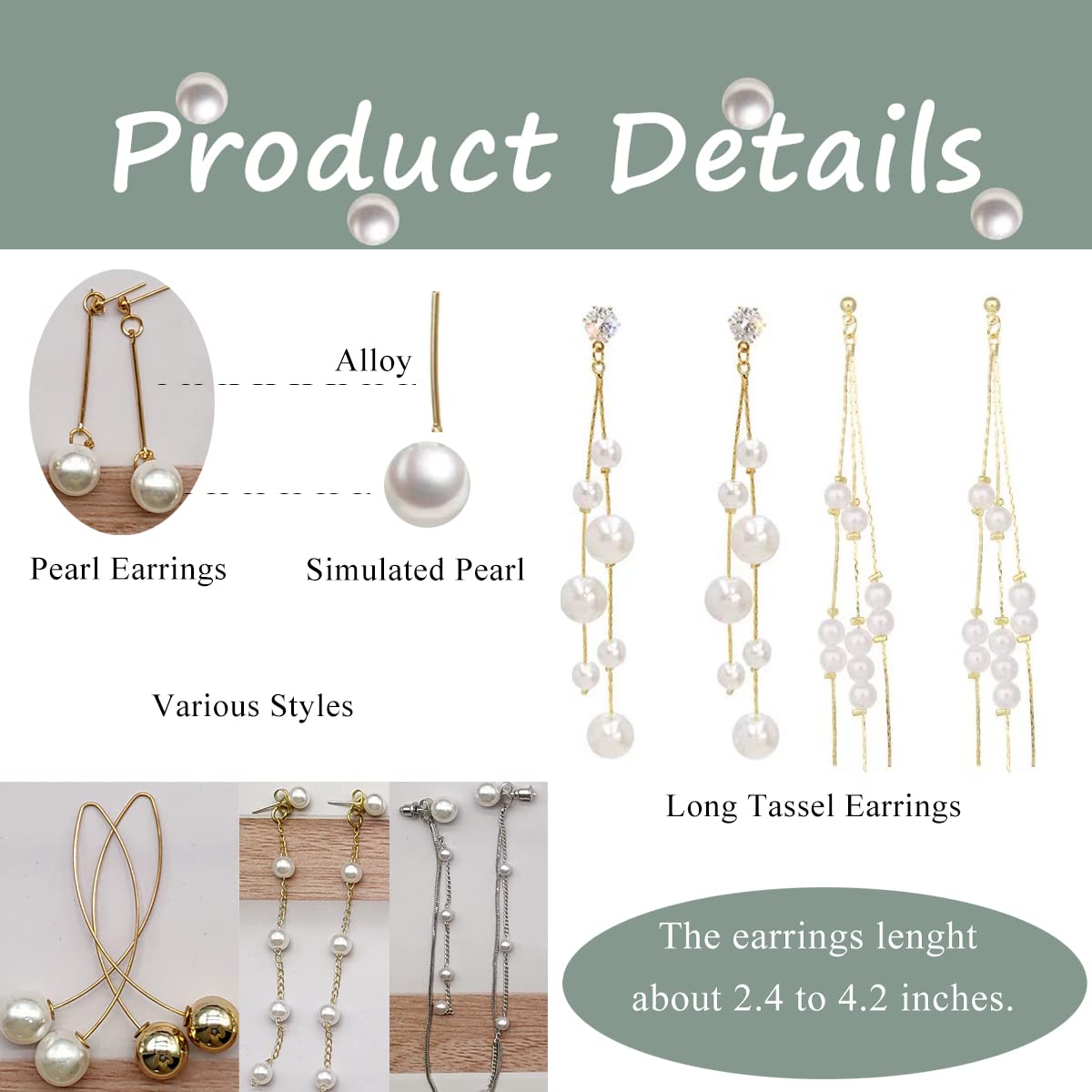 Svovin 9 Pairs Big Simulated Pearl Long Tassel Drop Earrings for Women Double Sided Front Back Pearl Earrings Cross Imitation Pearl Dangle Earring Set