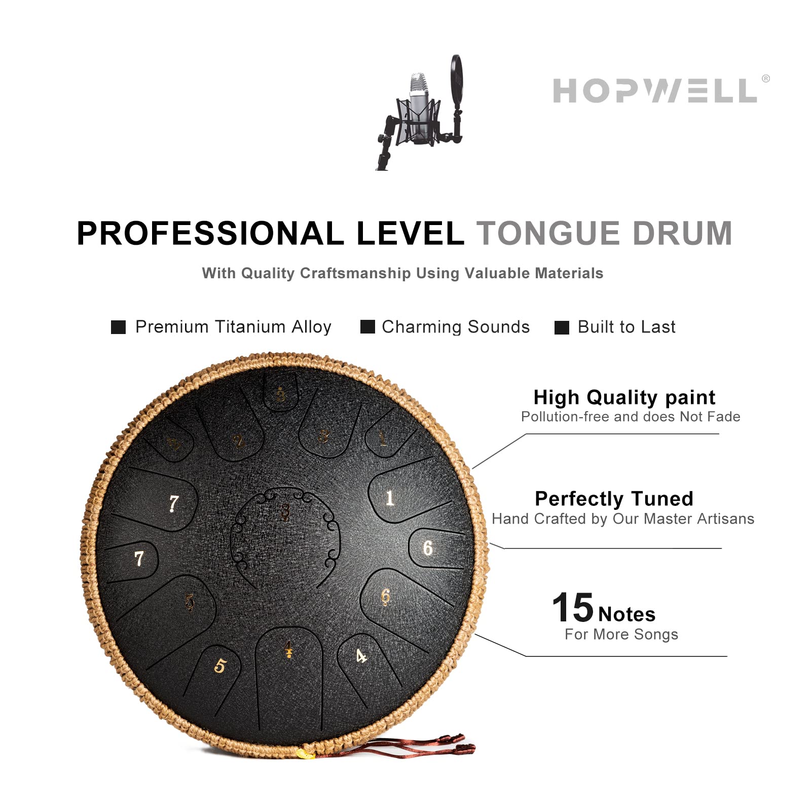 Steel Tongue Drum - HOPWELL 14 Inches 15 Notes - Percussion Instruments - Hand Pan Drums with Music Book, Drum Mallets and Carry Bag, C Major (Black)
