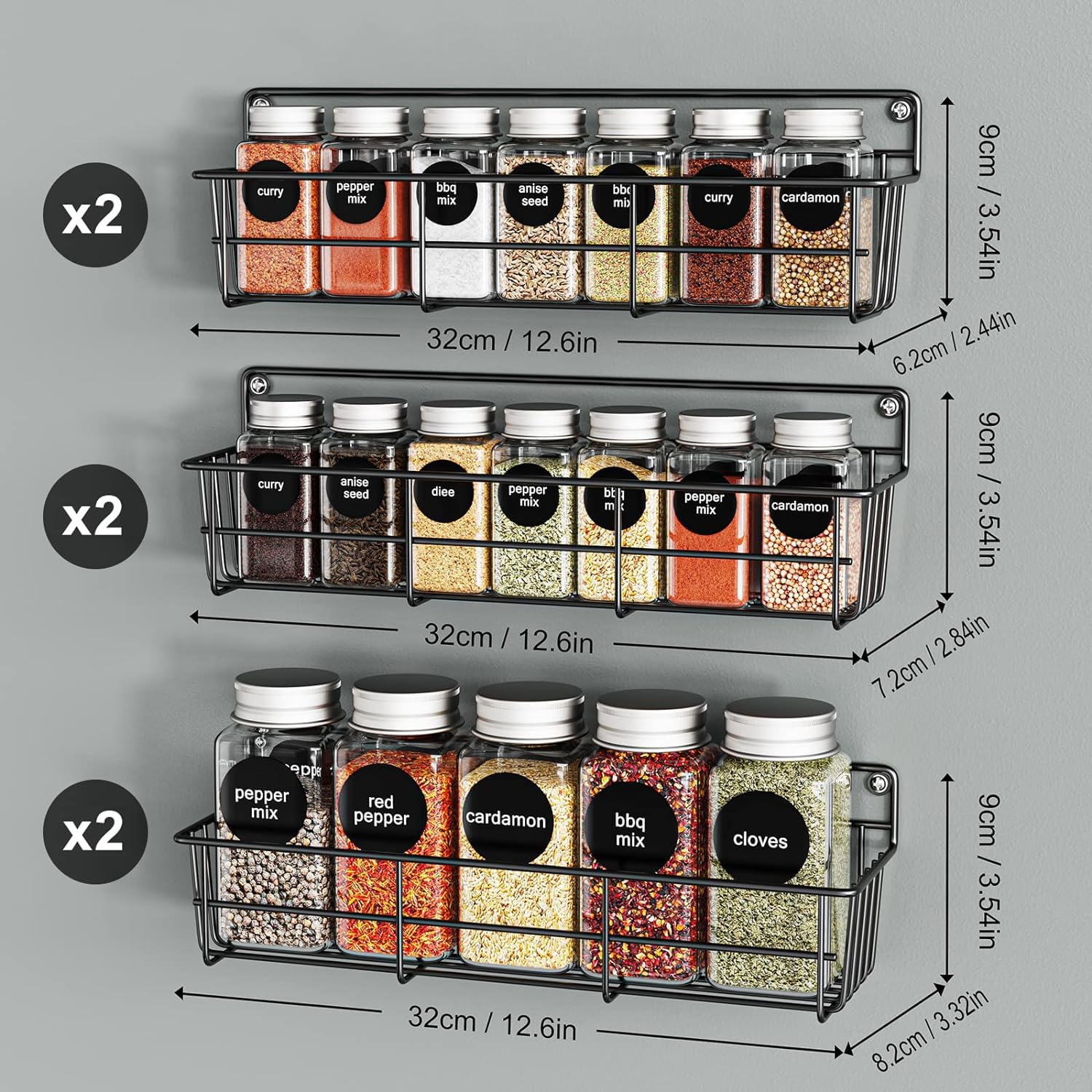 Mystozer Spice Rack Organizer Wall Mount, Hanging Spice Pantry Storage Shelf Organization, Set of 6 Space Saver Seasoning Racks for Kitchen Cabinet, Door or Pantry, Black