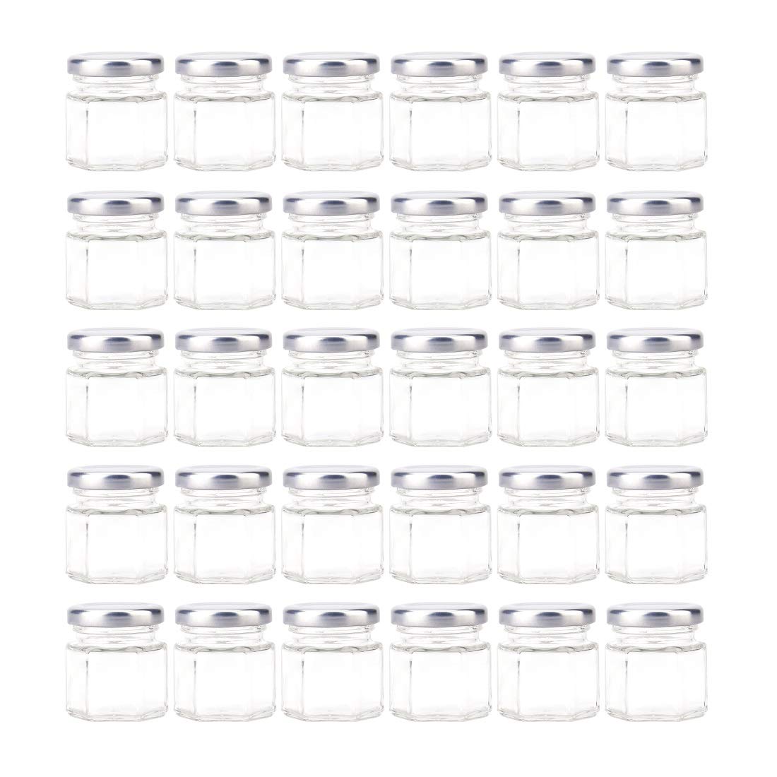 Tebery 30 Pack 1.5oz Mini Hexagon Glass Jars with Silver Lids and Labels, Honey Jars Small Spice Jars Mason Jars for Spices, Gifts, Wedding Party Favors, DIY and More