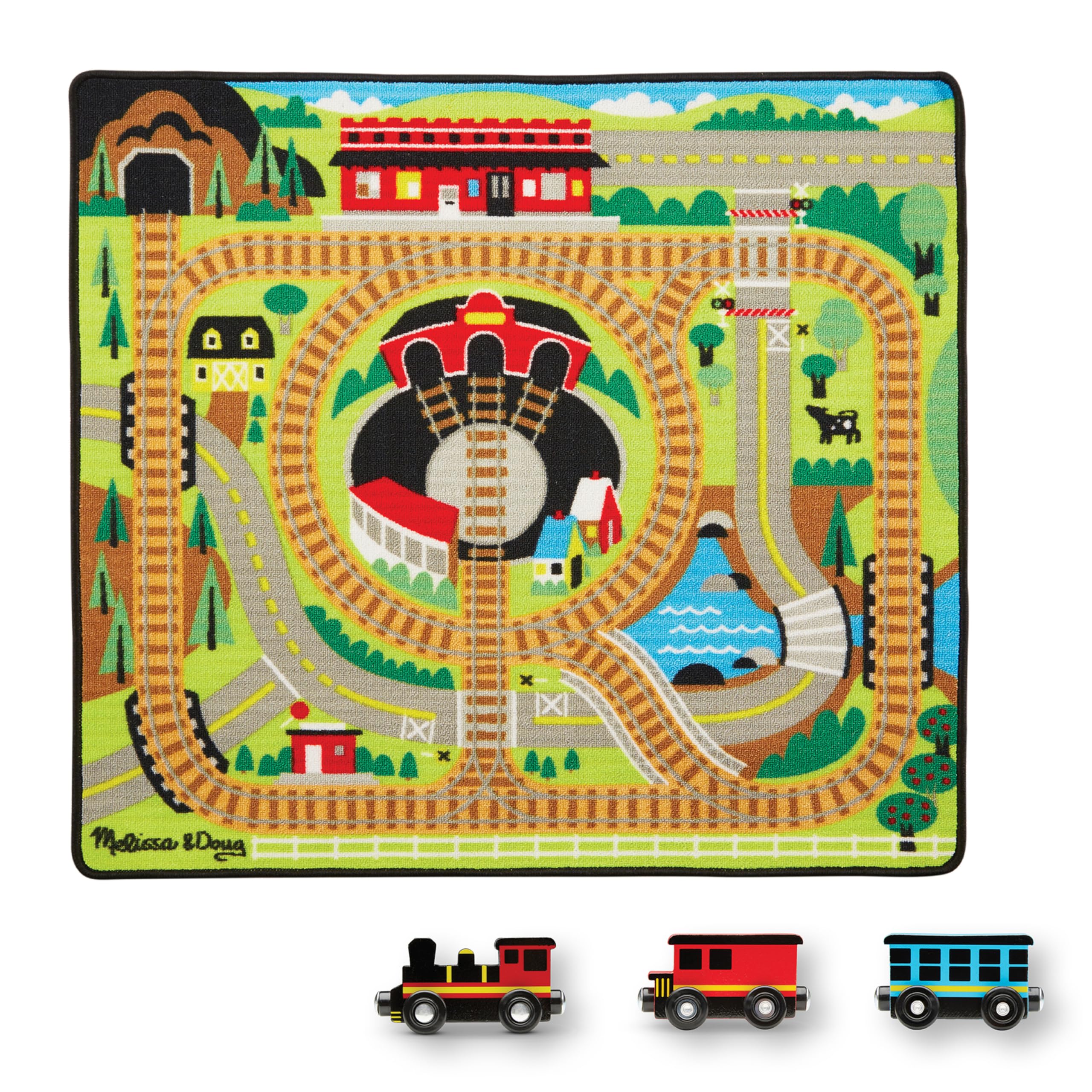 Melissa & Doug Round the Rails Train Activity Play Rug, 3 Wooden Train Cars (39" x 36")