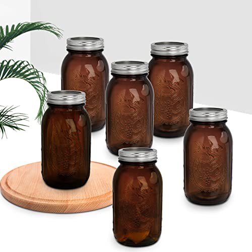 Tebery 6 Pack Amber Regular Mouth Quart Mason Jars, 32oz Canning Glass Jars with Airtight lids and Bands